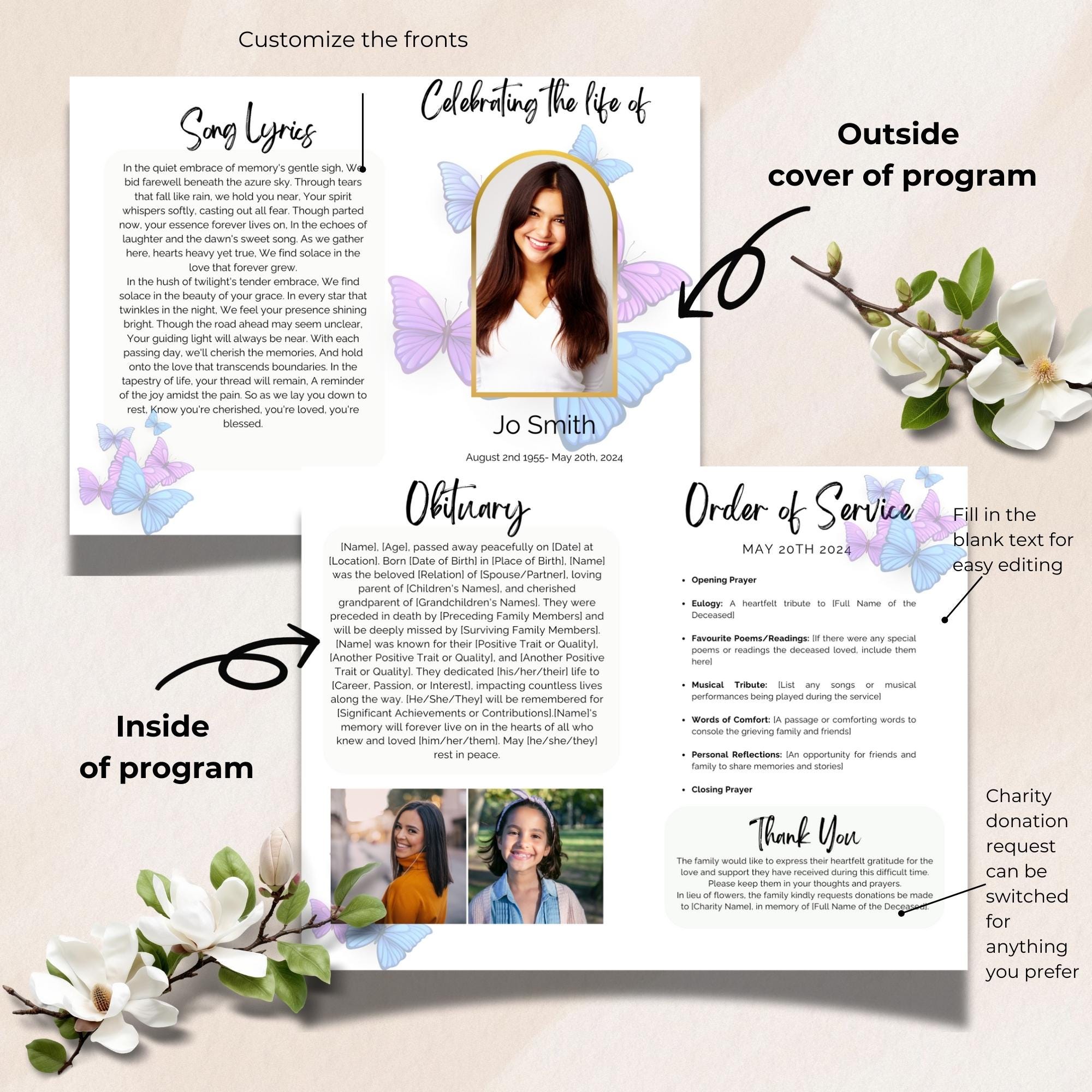 Purple and Blue Butterfly Funeral Program Template, Colourful Teen ...
