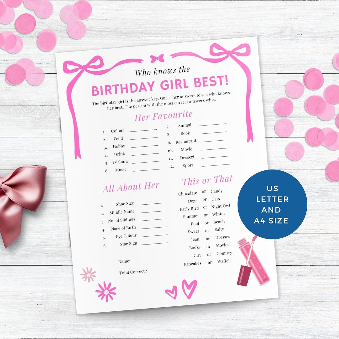 Who Knows the Birthday Girl Printable Game Pink, Coquette Bows Activity ...
