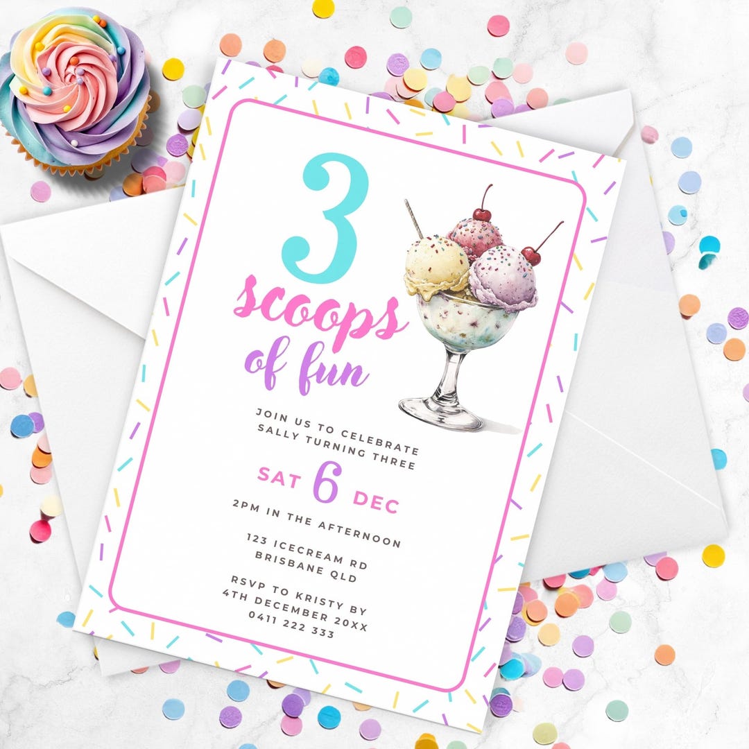 3 Scoops of Fun Birthday Invitation, Ice Cream Themed Third Birthday ...