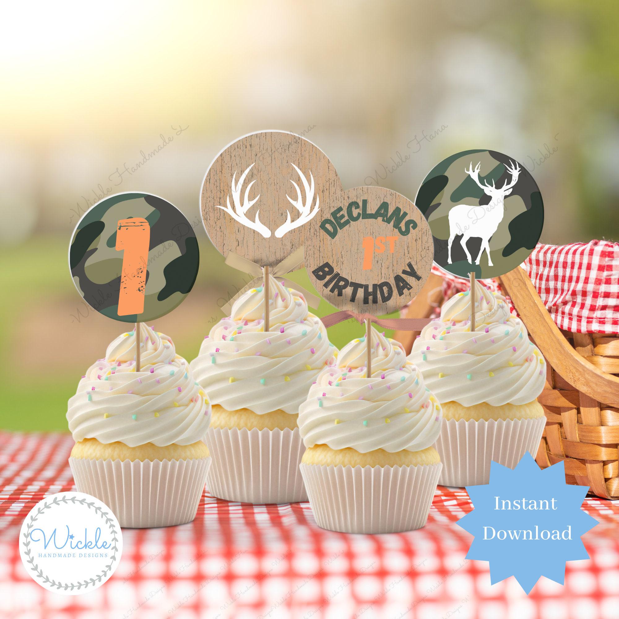 Editable Hunting Birthday Cupcake Toppers Canva Template, Personalised ...