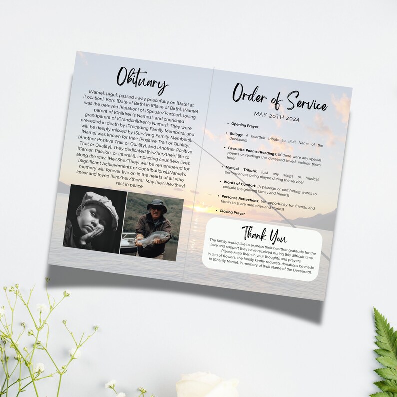 Editable Fishing Themed Funeral Program Template, Printable Order of Service With Obituary ...