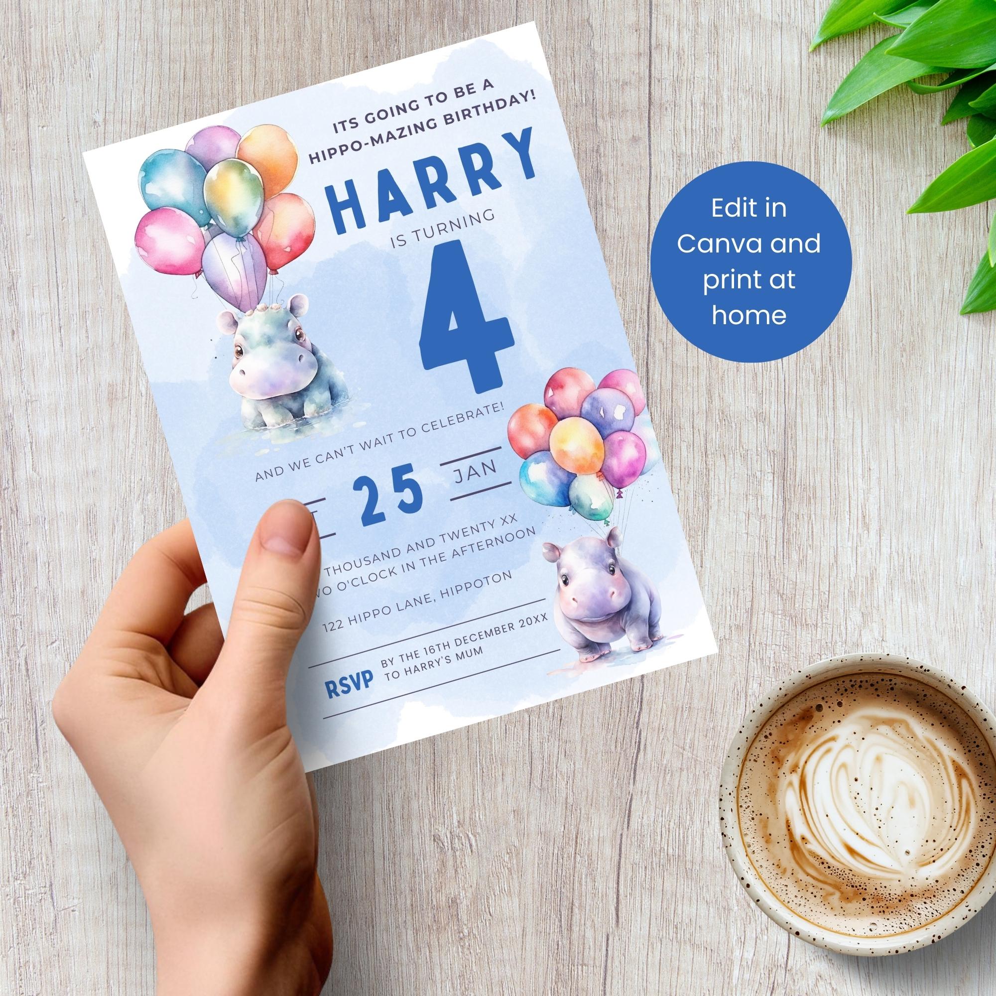 Hippo Birthday Party Invitation Template, Editable Canva Invitation for ...