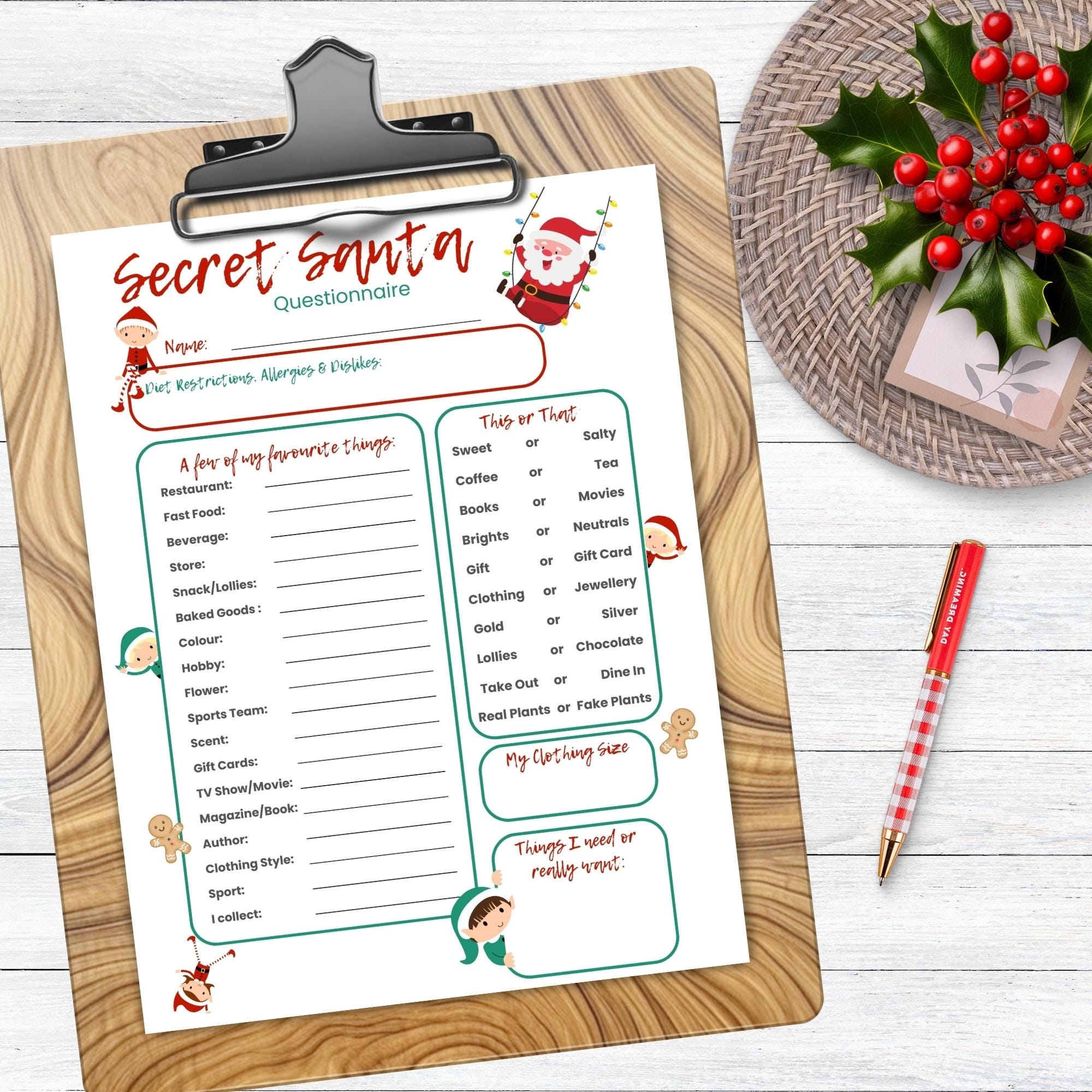 Secret Santa Questionnaire| Secret Santa Gift Exchange| Christmas Gift ...