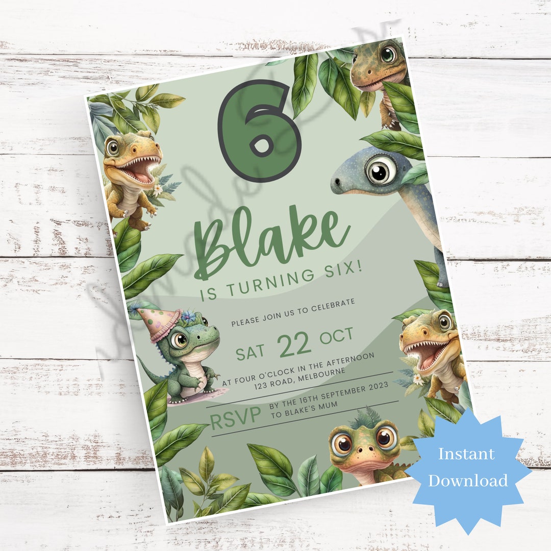 Editable Green Dinosaur Theme Birthday Party Invitation Template ...
