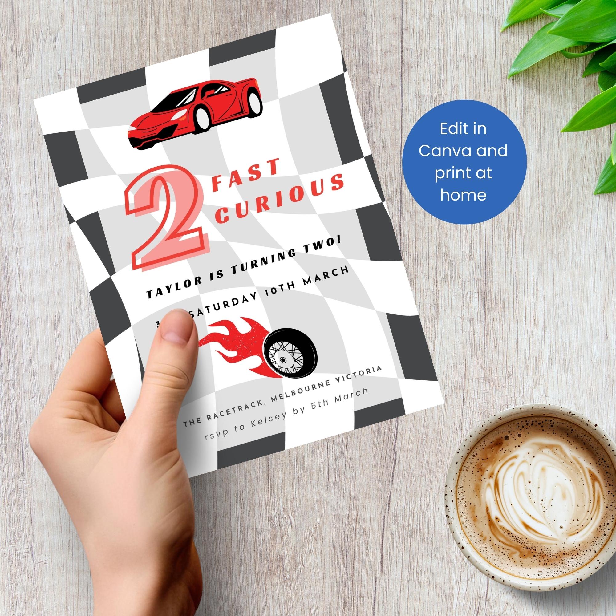 2 Fast 2 Curious Birthday Invitation, Race Car Party Invite, Editable ...