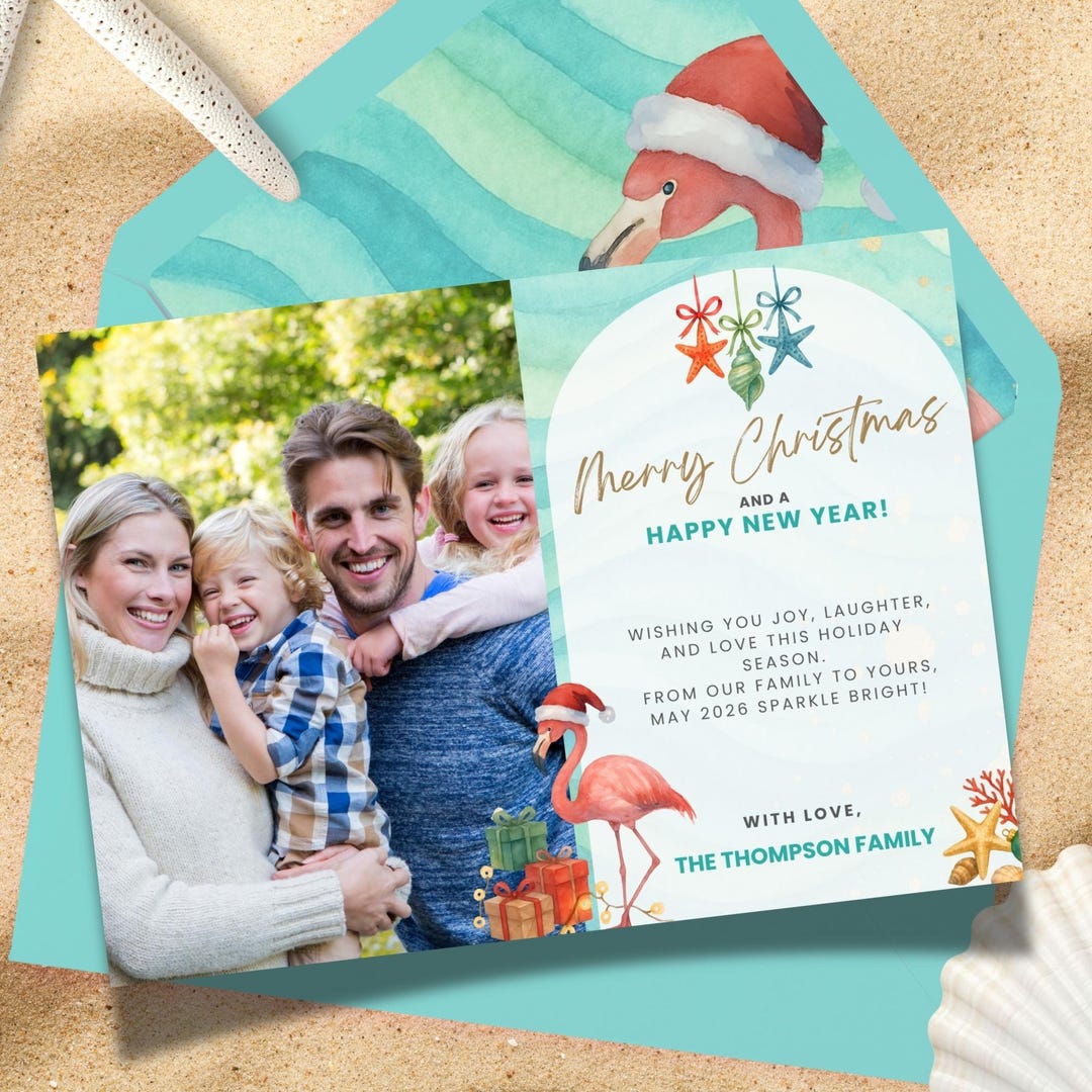 Tropical Coastal Christmas Photo Card Template, Ocean Merry Christmas ...