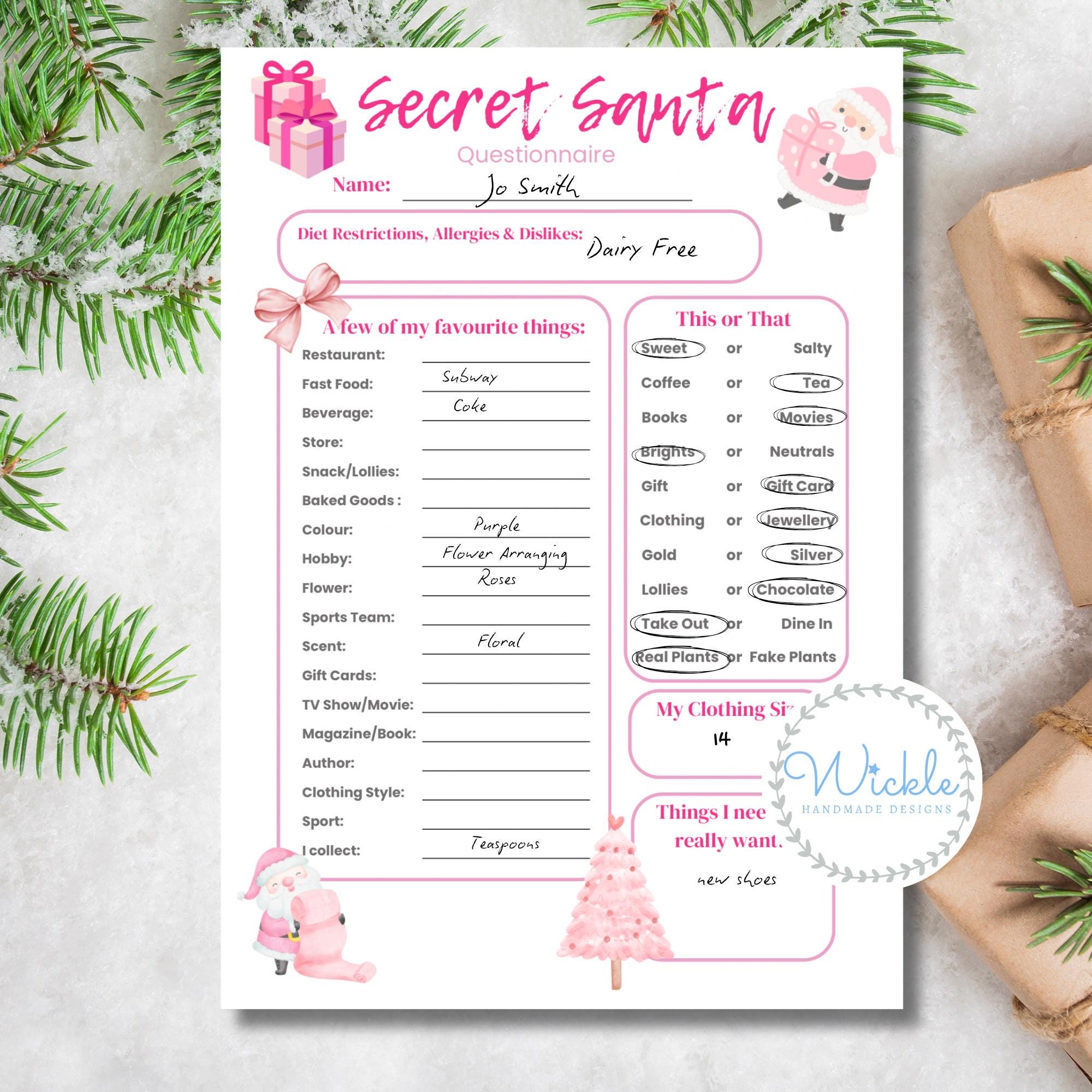 Santa Questionnaire | Pink Christmas Theme Secret Santa Gift Exchange ...