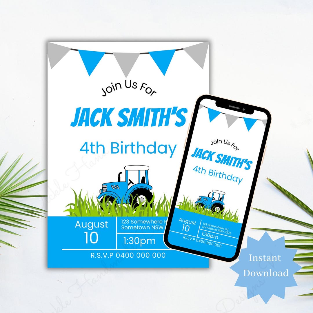 Blue Tractor Birthday Invitation, Printable Kids Farm Party Invite ...