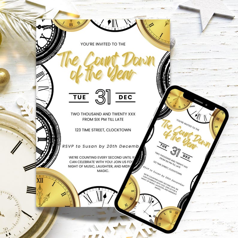 Editable Black, White and Gold, New Year Eve Invitation Canva Template ...