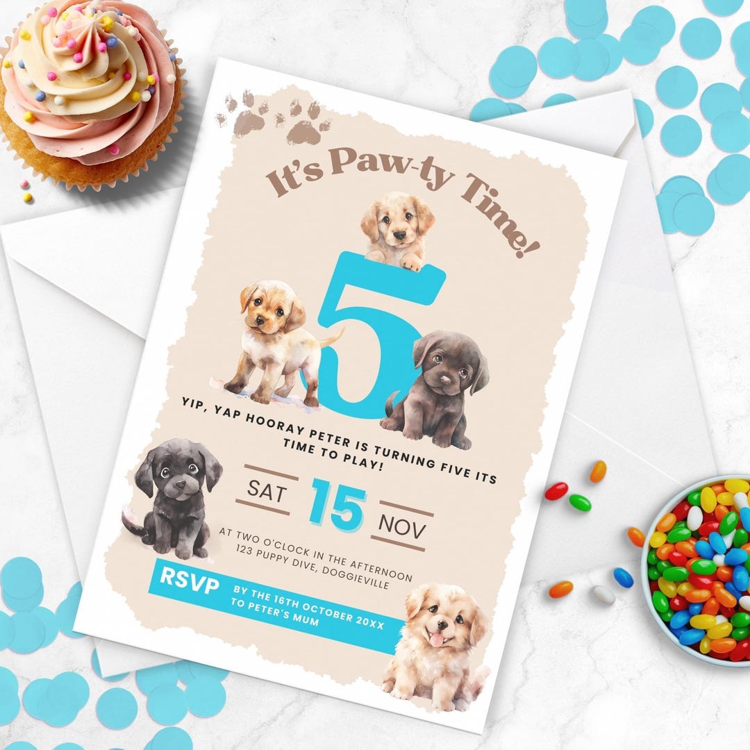 Its Paw-ty Time Birthday Invitation Template, Editable Canva Puppy ...