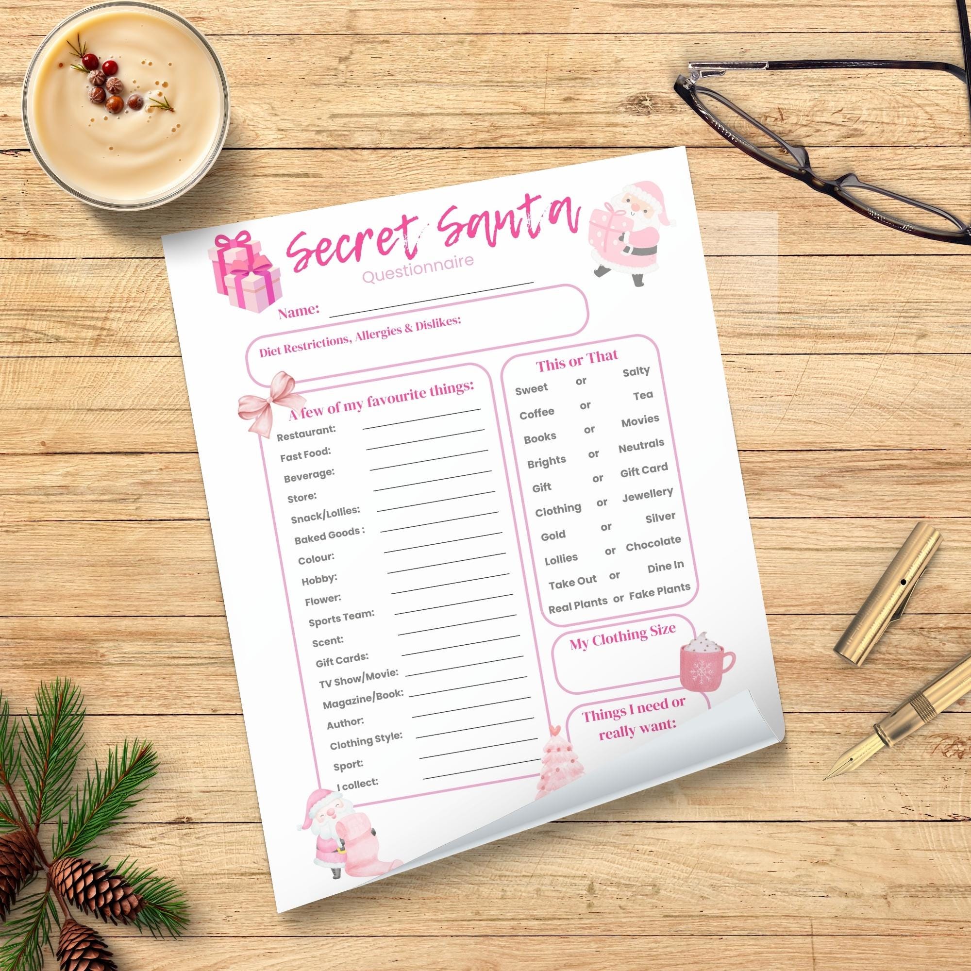 Santa Questionnaire, Pink Christmas Theme Secret Santa Gift Exchange ...