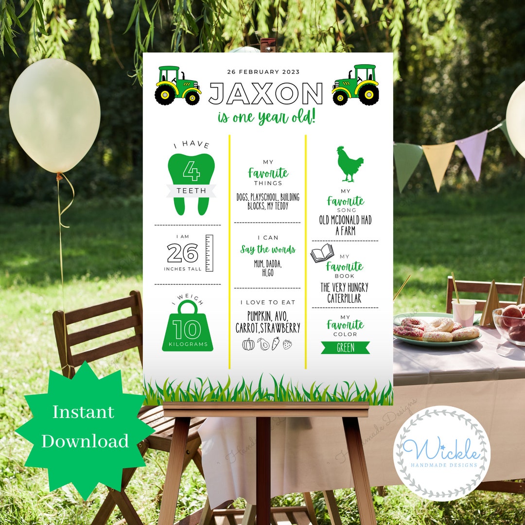 Green Tractor First Birthday Milestone Poster, Personalised Farm First ...