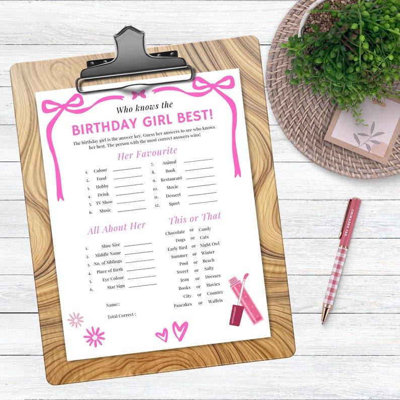 Who Knows the Birthday Girl Printable Game Pink, Coquette Bows Activity ...
