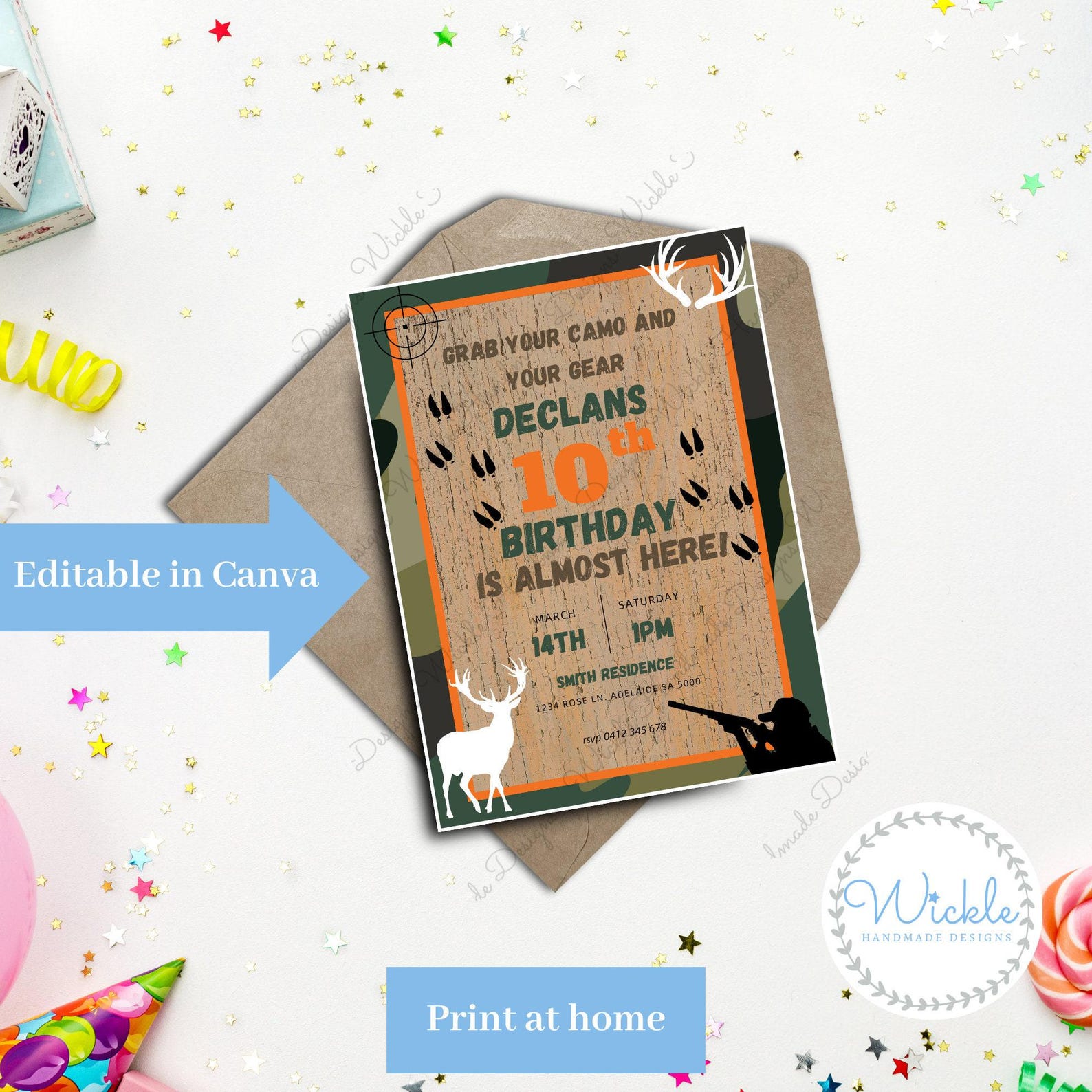 Customisable Deer Hunting Birthday Party Invitation Printable Kids Camo ...