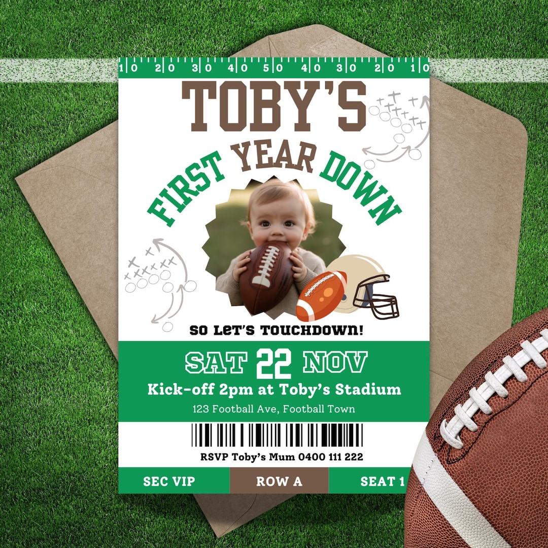First Year Down Birthday Invitation With Photo, Football Themed 1st ...