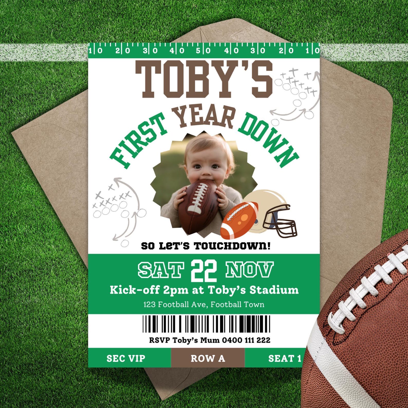 First Year Down Birthday Invitation With Photo, Football Themed 1st ...