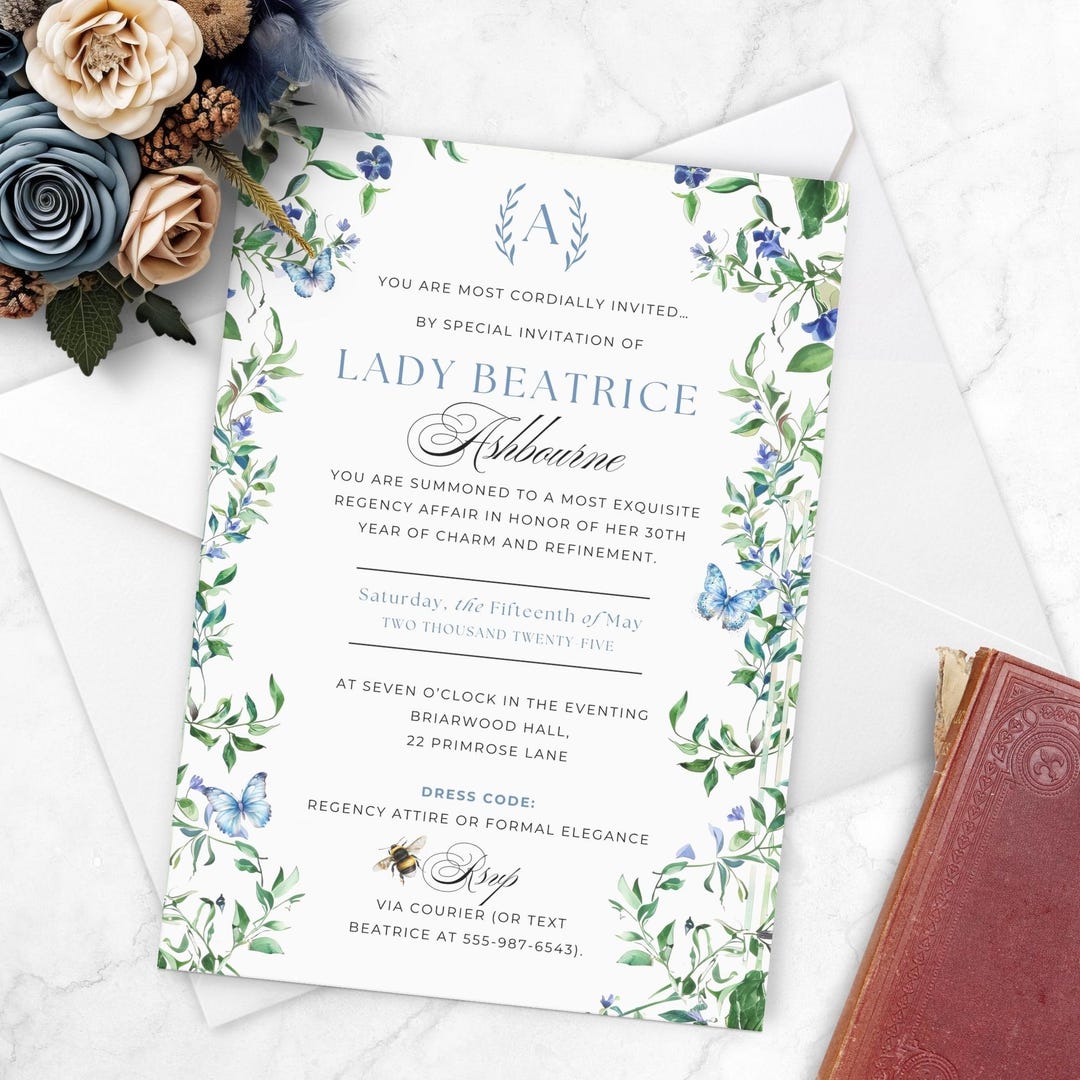 Regency Party Invitation, Vintage Theme Birthday Invite, Elegant Floral ...