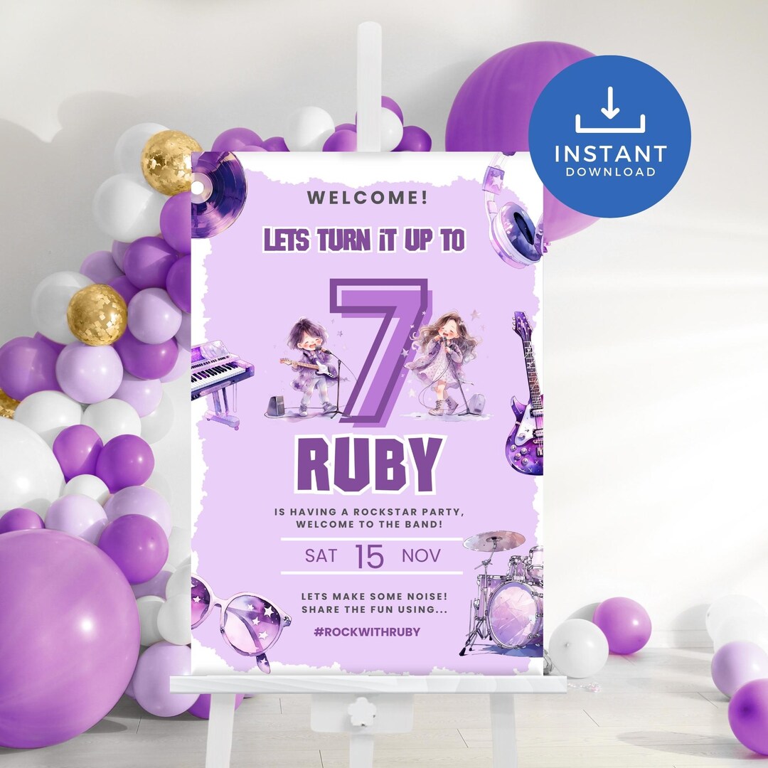 Rockstar Birthday Welcome Sign, Music Party Sign Canva Template, Purple ...