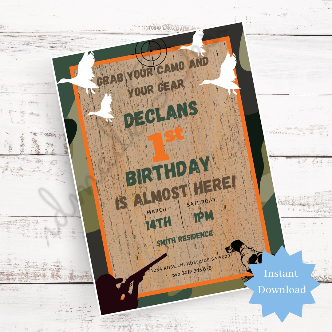 Duck Hunting Birthday Party Invitation Customisable Printable Kids Camo ...