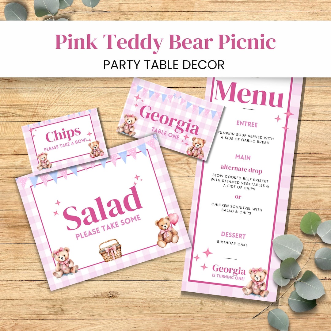 Pink Teddy Bear Picnic Party Décor, Printable Table Signs, Menu Cards ...