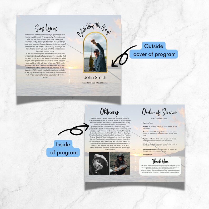 Editable Fishing Themed Funeral Program Template, Printable Order of ...