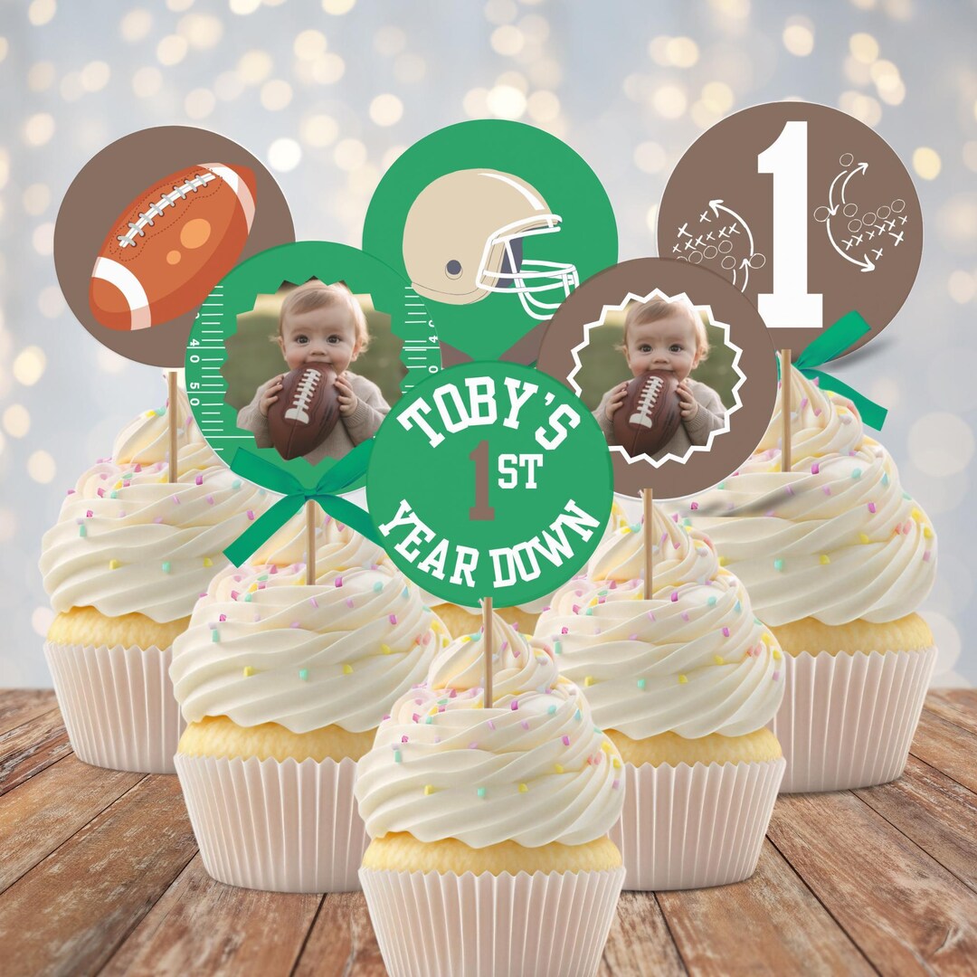 First Year Down Birthday Cupcake Toppers With Photo, Football Themed ...