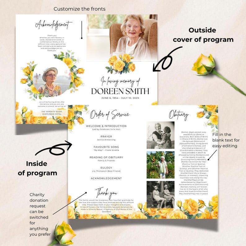 Editable Funeral Program Template With Yellow Roses, Printable Order of ...