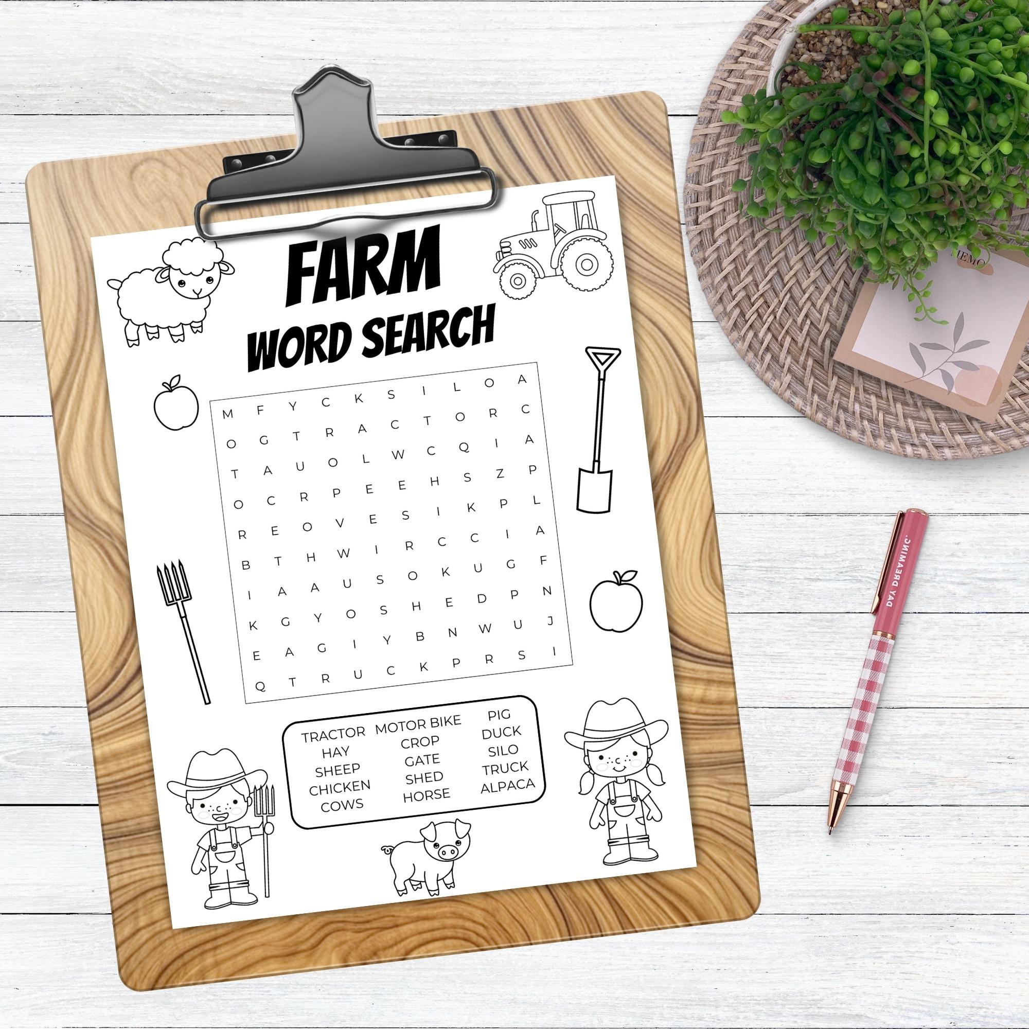 Farm Word Search Printable Game, Tractor Farmer Colouring in Birthday ...