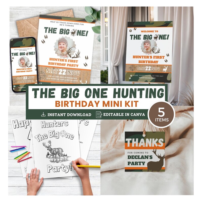 The Big One Hunting Birthday Mini Kit Editable Canva Template, Camo ...