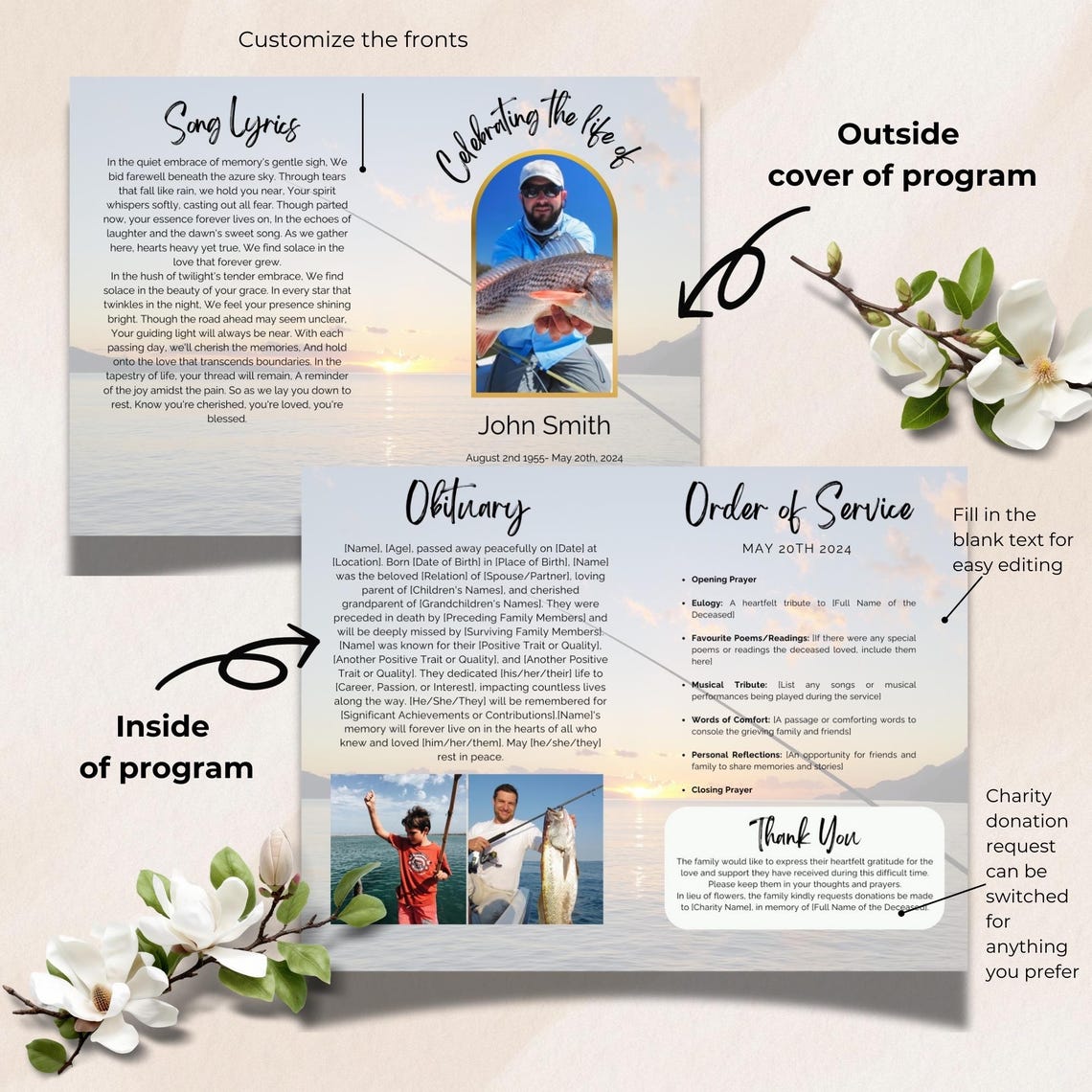 Editable Fishing Themed Funeral Program Template, Printable Order of Service With Obituary ...