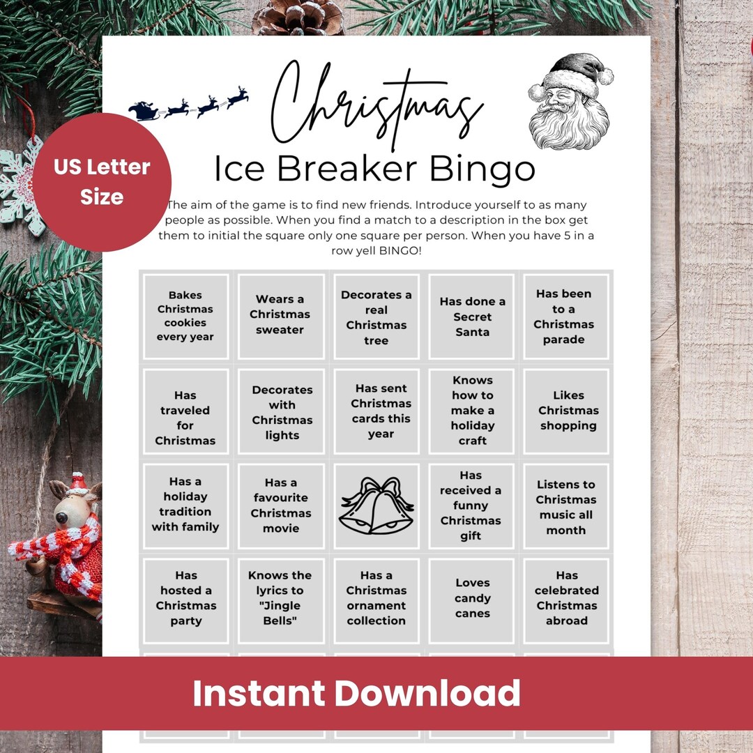 Black and White Christmas Ice Breaker Bingo, Santa Meet and Mingle Xmas ...