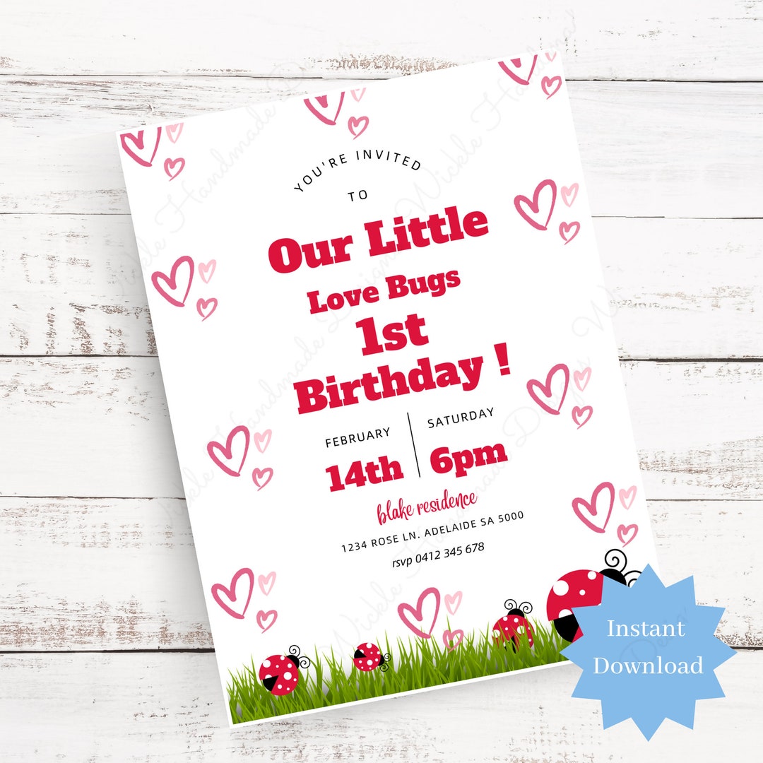 Love Bug First Birthday Invitation Editable Canva Template - Etsy