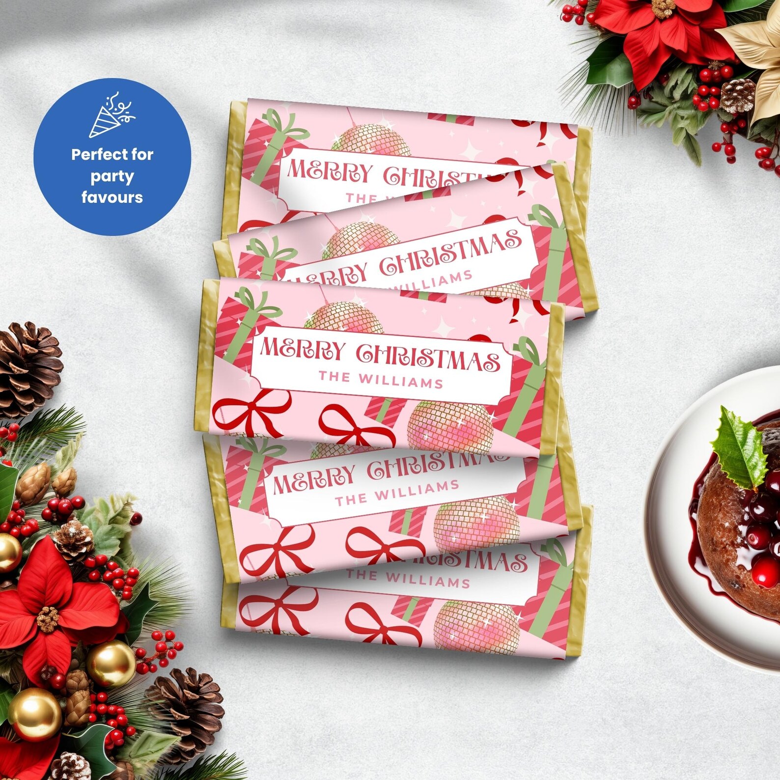 Pink Christmas With Bows Candy Wrapper Template, Disco Holiday ...