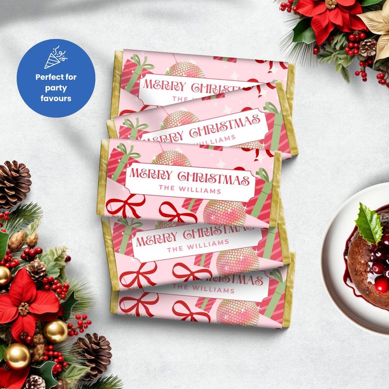 Pink Christmas With Bows Candy Wrapper Template, Disco Holiday ...