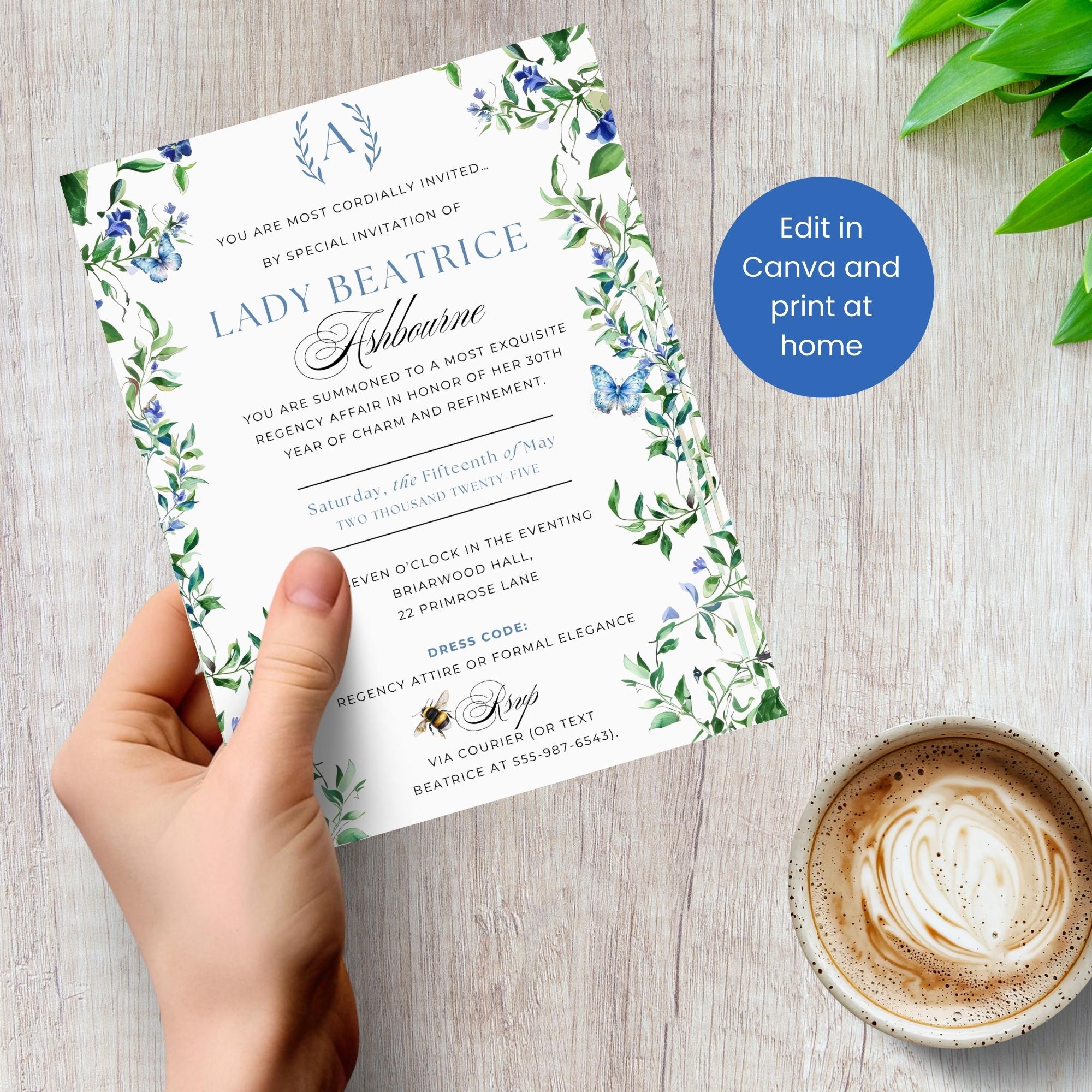 Regency Party Invitation, Vintage Theme Birthday Invite, Elegant Floral ...