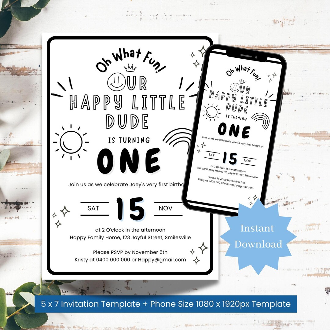 One Happy Dude Birthday Invitation Template, Black and White 1st Party ...