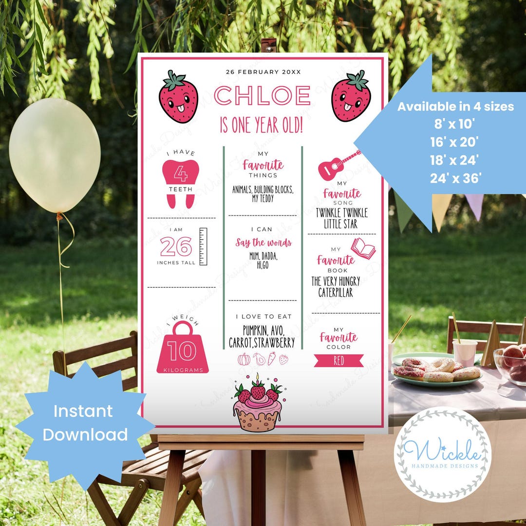 Berry First Birthday Milestone Poster, Personalised Baby Birthday Board ...