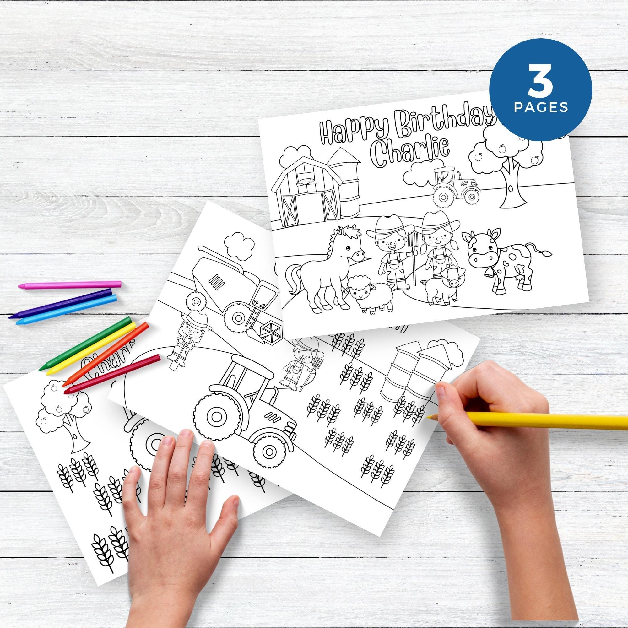 Farm Birthday Party Editable Colouring Pages Canva Template, Tractor ...