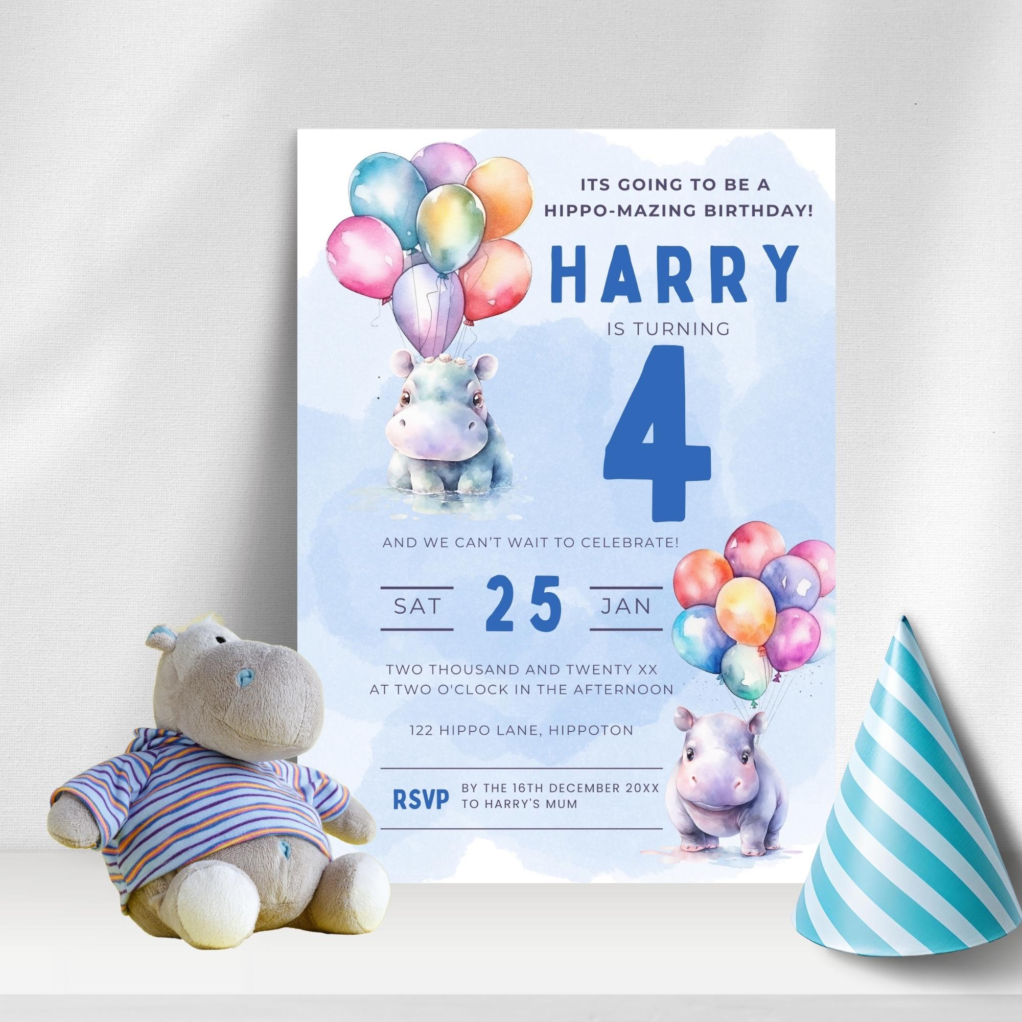 Hippo Birthday Party Invitation Template, Editable Canva Invitation for ...