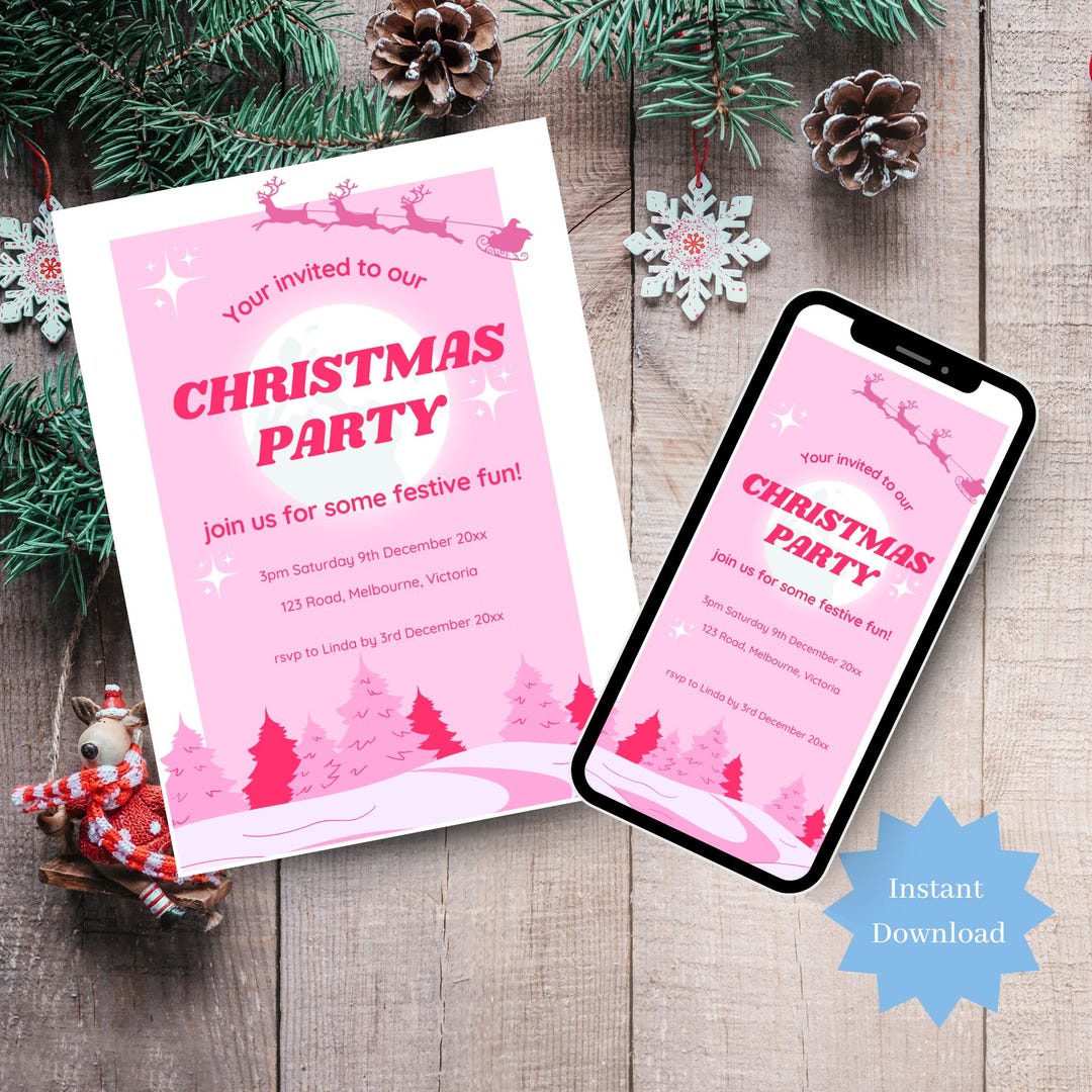 Pink and Red Christmas Party Invitation With Christmas Trees and Santa ...