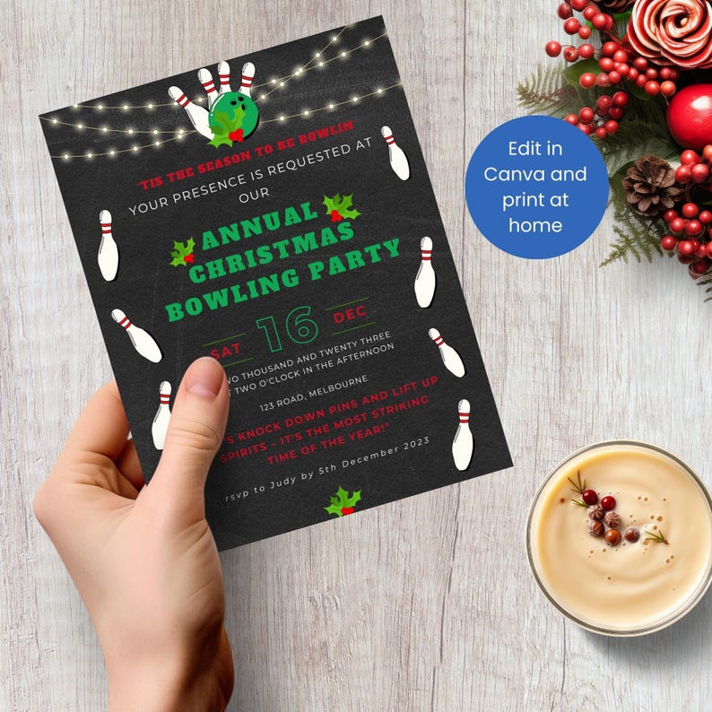 Christmas Bowling Party Invitation - Editable Ten Pin Bowling Invite ...