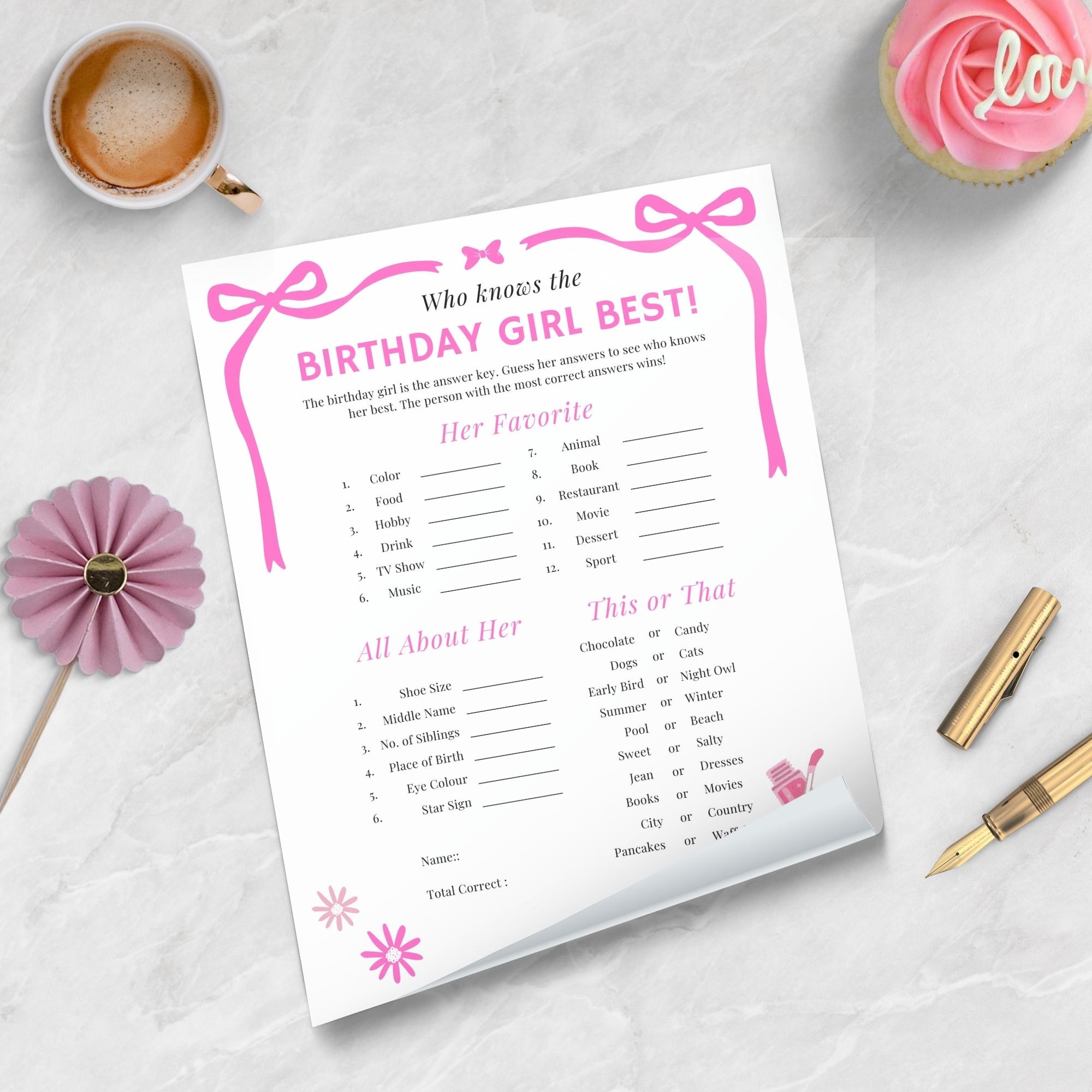 Coquette Bows Who Knows the Birthday Girl Pink Printable Game Activity ...