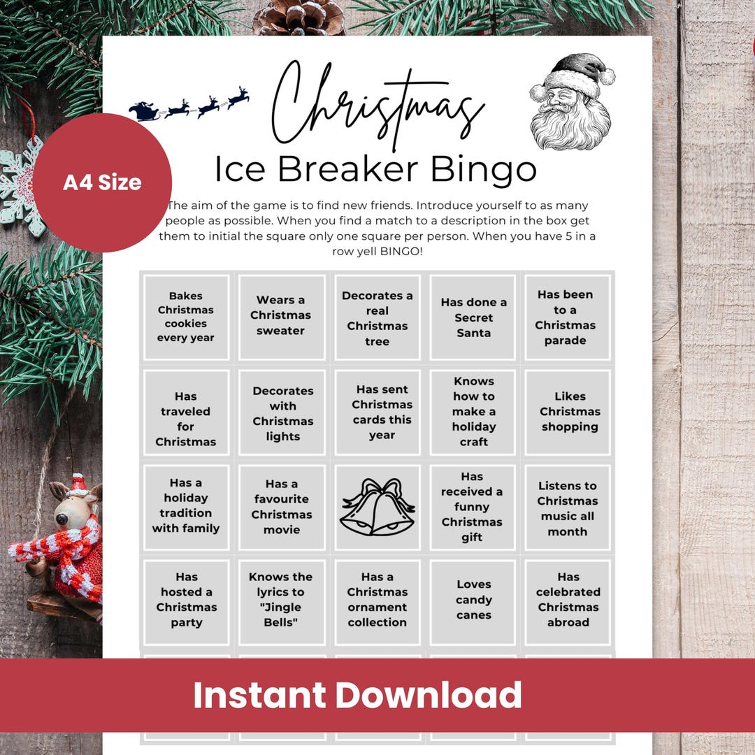 Black and White Christmas Ice Breaker Bingo, Santa Meet and Mingle Xmas ...