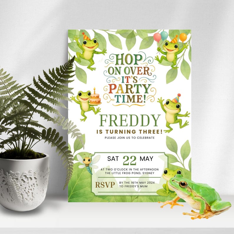 Frog Birthday Party Invitation Template for Kids, Editable Canva Invite ...
