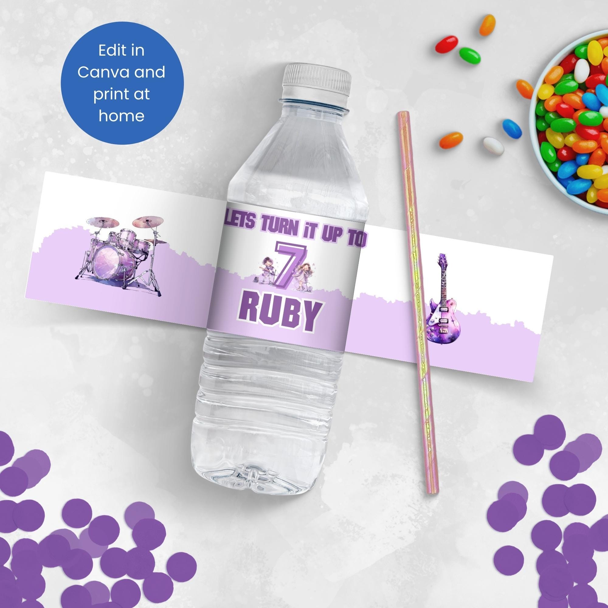 Rockstar Birthday Water Bottle Labels, Music Party Bottle Wraps, Purple ...