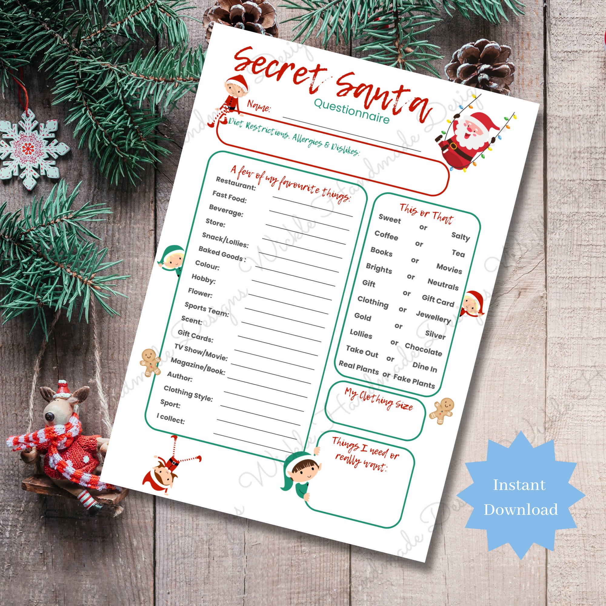 Secret Santa Questionnaire Secret Santa Gift Exchange Christmas Gift ...