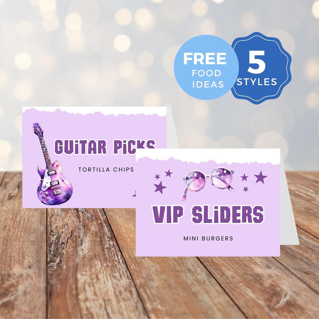 Purple Rockstar Birthday Food Tent Card Template, Printable Kids Music ...
