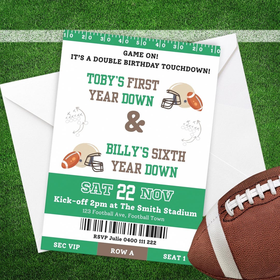 First Down and Sixth Down Birthday Invitation, Joint Football Themed ...
