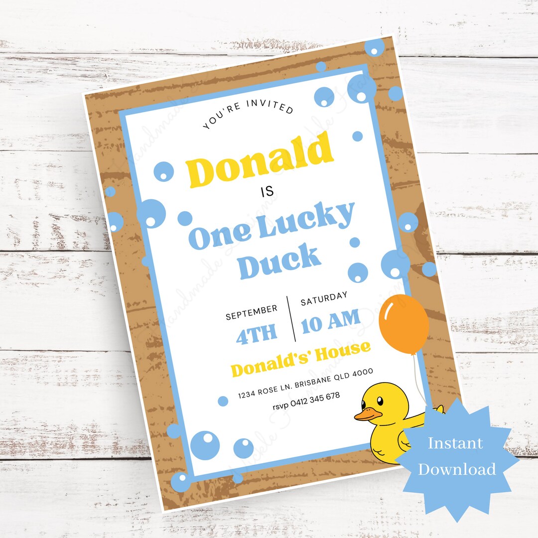 One Lucky Duck Editable Canva Invitation Template, 1st Birthday Rubber ...