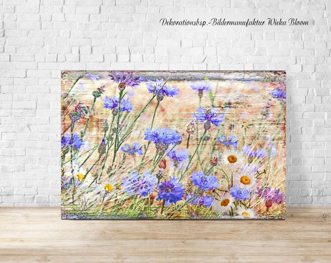 BLAUE KORNBLUMEN Blumenwiese Wandbild auf Holz Leinwand Kunstdruck, Wanddeko handmade im ...